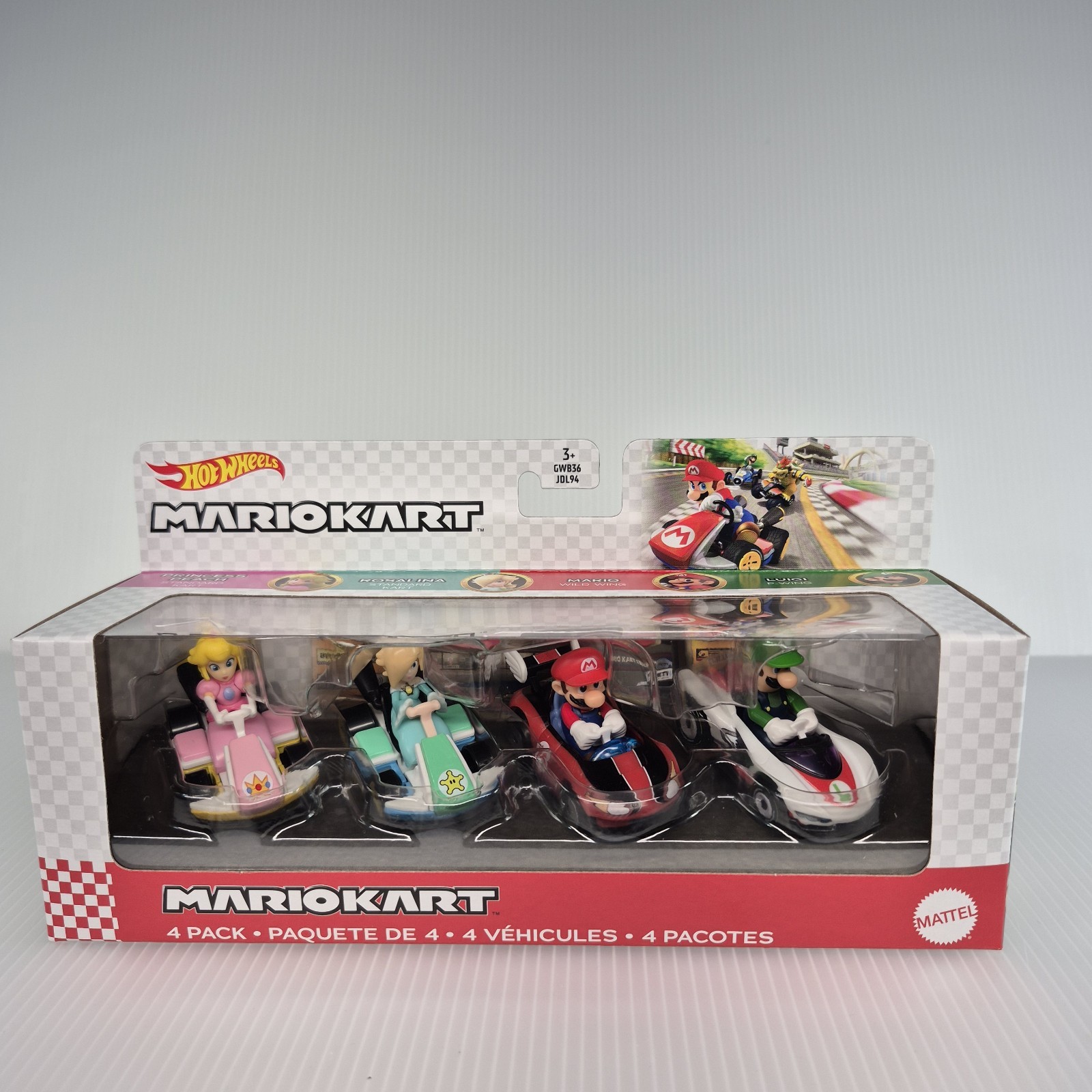 MATTEL Hot Wheels Mario Kart 4 Pack Peach Rosalina Mario Luigi 1:64 Die ...