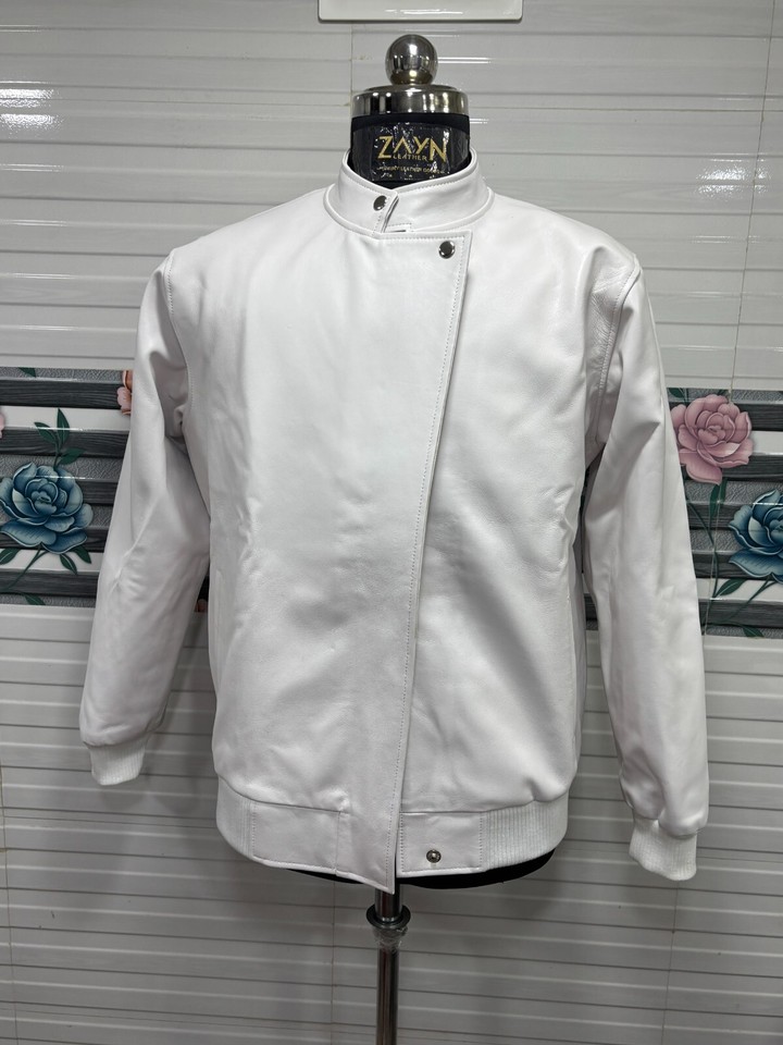 Men's Pure White Leather Bomber Jacket Real Lambskin Leather Classic ...