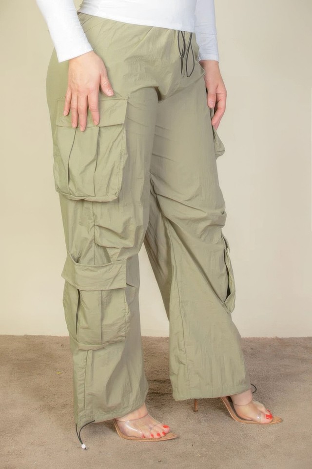 Women's Plus Size Drawstring Ruched Parachute Cargo Pants Flap Pockets ...