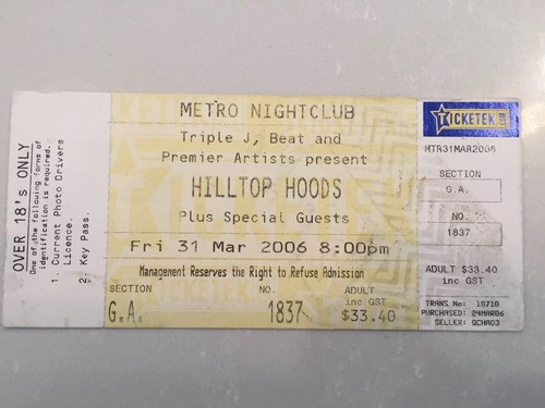 2006 Hilltop Hoods Ticketek Concert Ticket Metro Melbourne Hip Hop | eBay