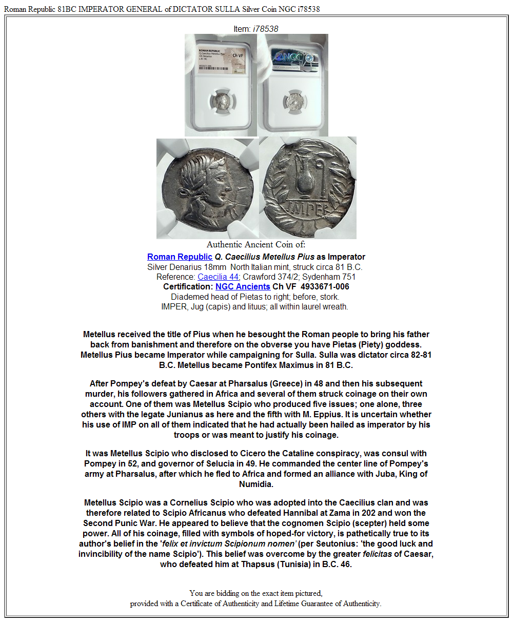 Roman Republic 81BC IMPERATOR GENERAL of DICTATOR SULLA Silver Coin NGC ...