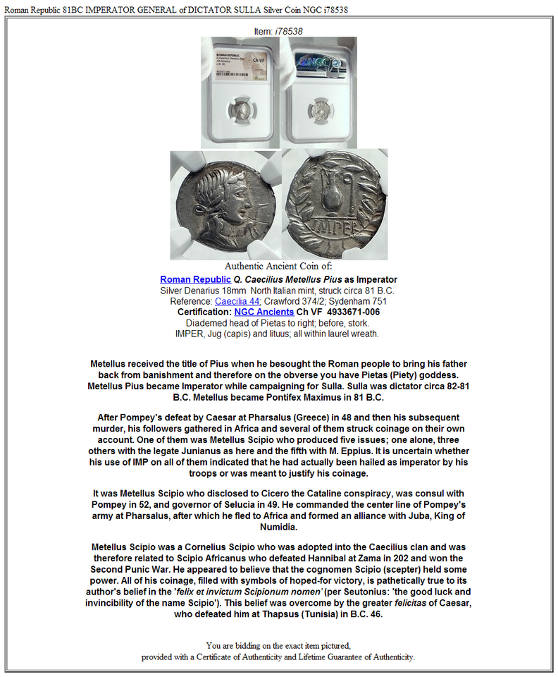 Roman Republic 81BC IMPERATOR GENERAL of DICTATOR SULLA Silver Coin NGC ...