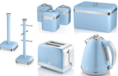 SWAN Retro Blue Jug Kettle Toaster Bread Bin Canisters Mug Tree Towel ...