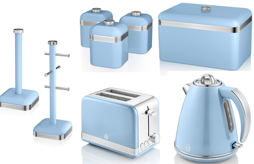 SWAN Retro Blue Jug Kettle Toaster Bread Bin Canisters Mug Tree Towel ...