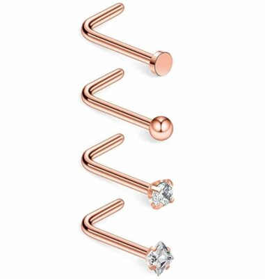 4pcs 20G Surgical Steel Flat Ball Clear CZ Nose Stud Rings L Shaped ...