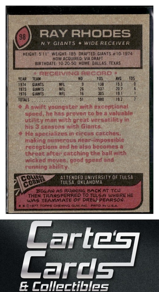 Ray Rhodes 1977 Topps #98 New York Giants Rookie RC | eBay