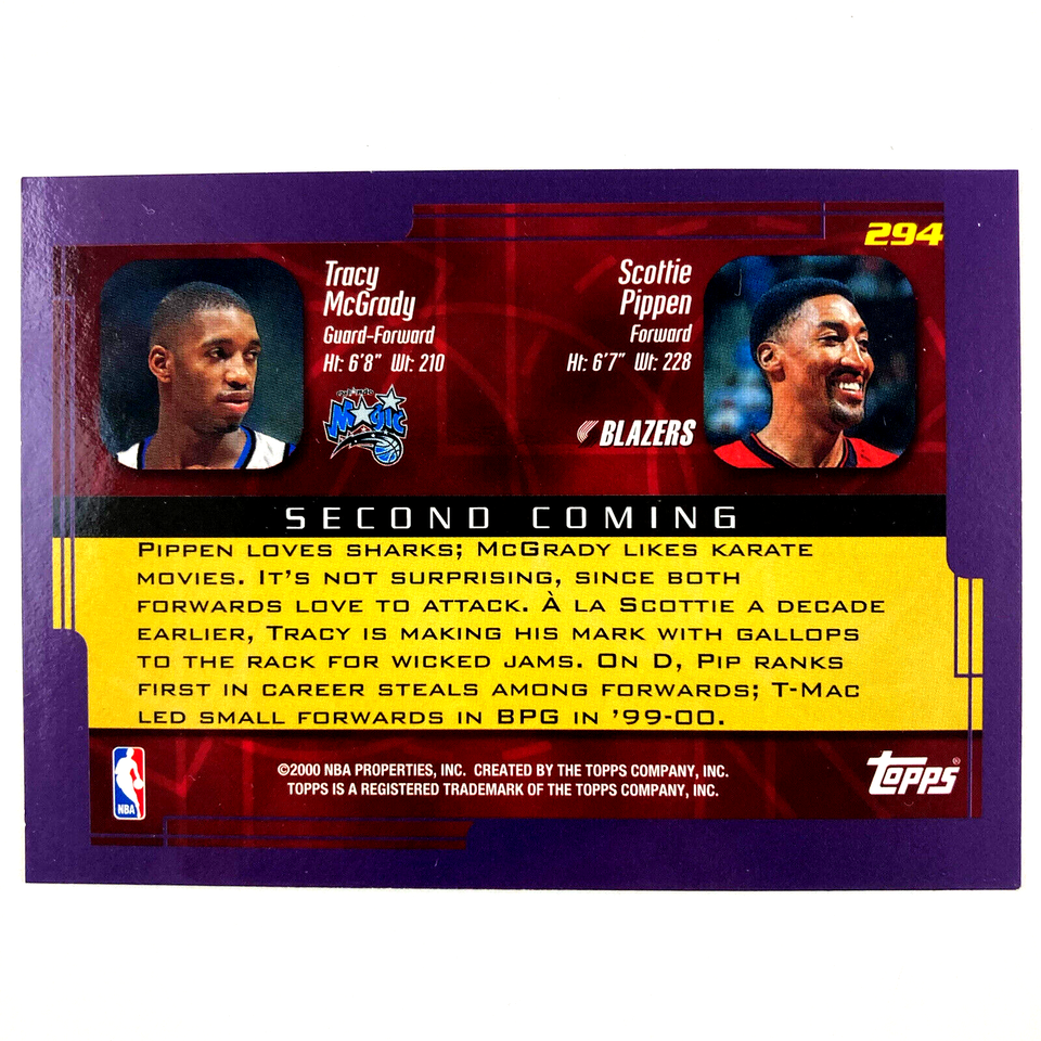 Tracy McGrady Scottie Pippen 2000-01 Topps Second Coming Card #294 ...