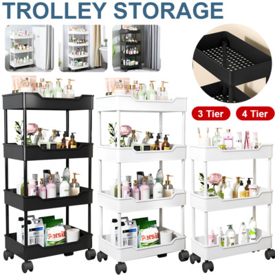 3/4 Tier Trolley on Wheels Kitchen Storage Utility Cart with Shelves ...