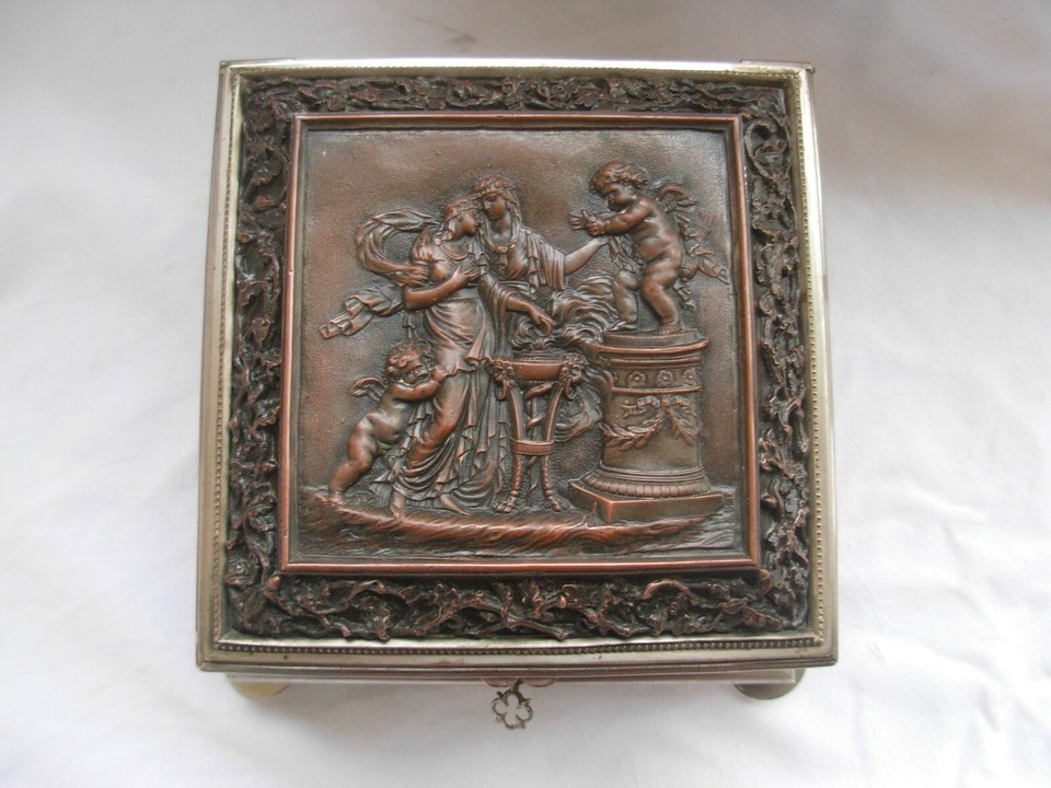 ANTIQUE FRENCH EMBOSSED COOPER PLAQUE JEWEL BOX,CHERUB PATTERN,LATE ...