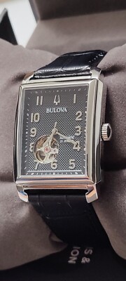 Bulova Men's Watch 96A269 Automatic Black Dial Leather Strap Rectangle ...