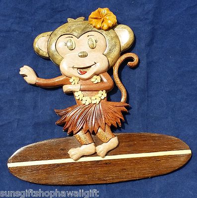 M Hawaiian Monkey Hula Girl Dancing Surf Board Handcrafted Wood Wall ...