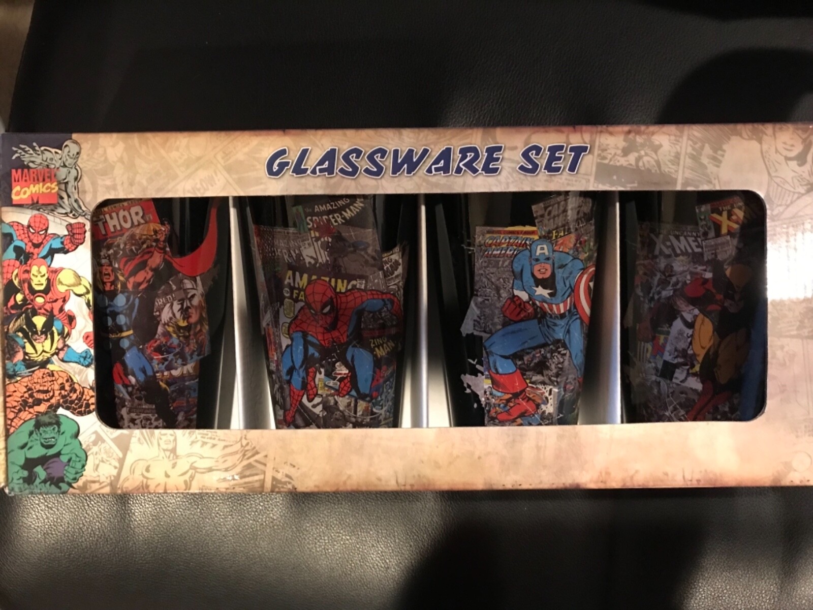 NEW Marvel Glassware Set (4) THOR SPIDER-MAN CAPTAIN AMERICA WOLVERINE ...