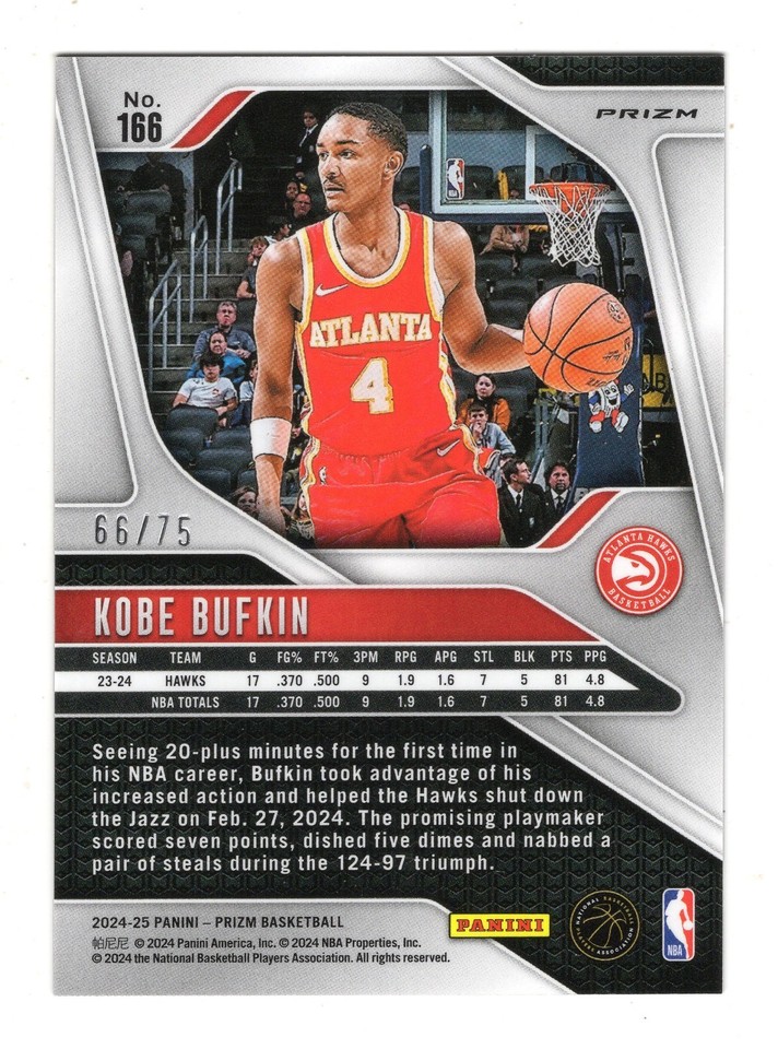 KOBE BUFKIN 2024-25 Panini Prizm Fast Break #166 Purple Disco /75 PRIZM ...