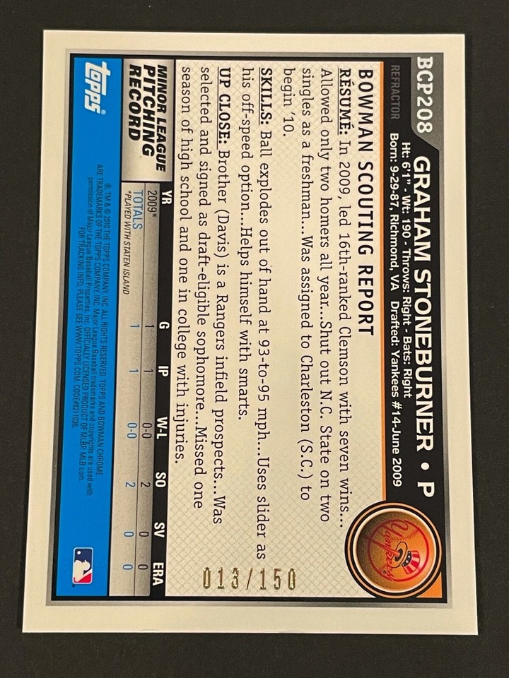 2010 Bowman Chrome Graham Stoneburner BLUE Refractor AUTO 13/150 ...