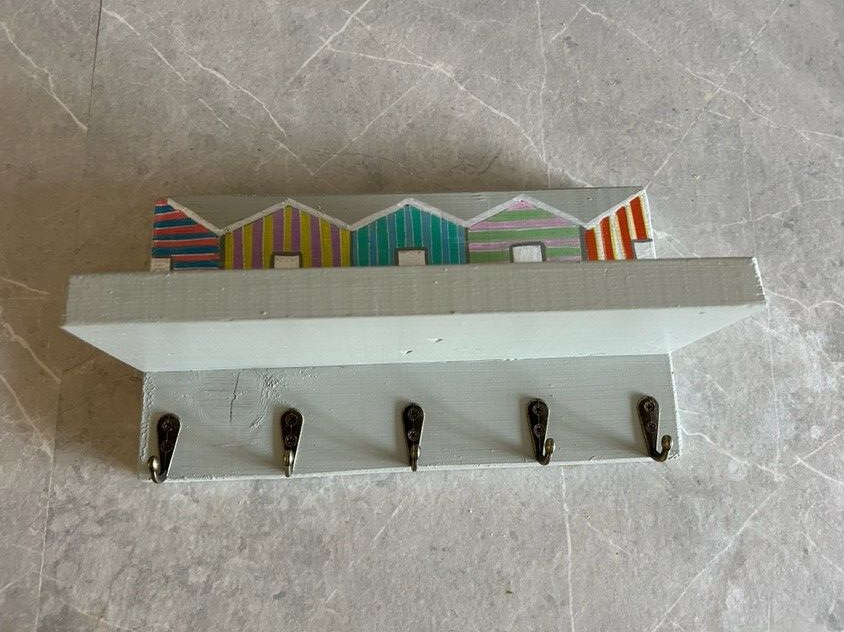 Beach hut themed small key rack with shelf, 10'' shelf, key hooks for ...