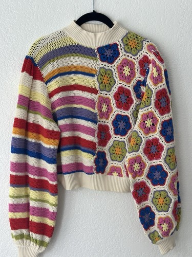 Farm Rio Handmade Crochet Sweater Small S Colorful Boho Festival Knit ...
