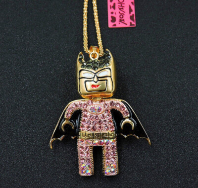 Betsey Johnson Pink Crystal Batman Gold Pendant Necklace Brooch Free ...