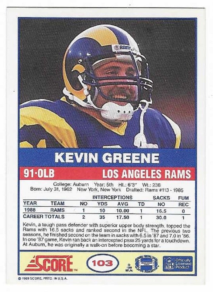 KEVIN GREENE 1989 Score Football # 103 Los Angeles Rams HOF NM - MT | eBay
