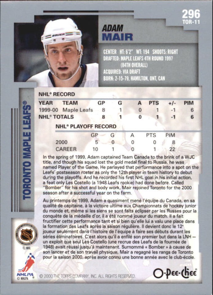 2000-01 O-Pee-Chee Maple Leafs Hockey Card #296 Adam Mair | eBay