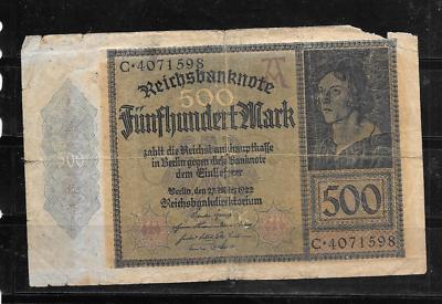 GERMANY #73 1922 500 MARK GOOD CIRCULATED BANKNOTE NOTE CURRENCY PAPER ...