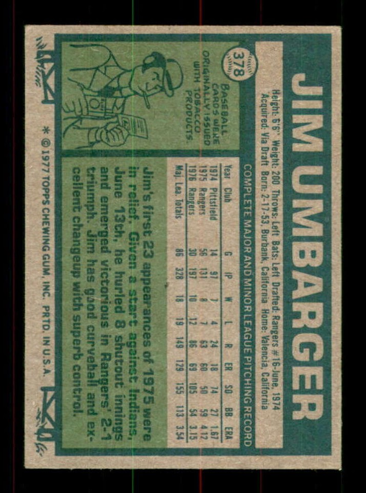 1977 Topps #378 Jim Umbarger VG/VGEX Rangers 229040 | eBay