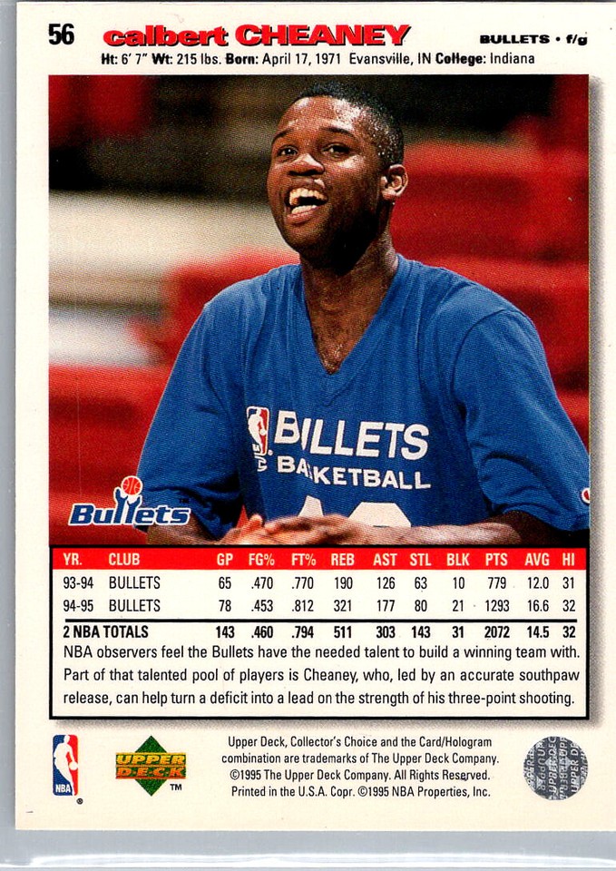 #56 Calbert Cheaney Washington Bullets 1995-96 Collector's Choice Upper ...