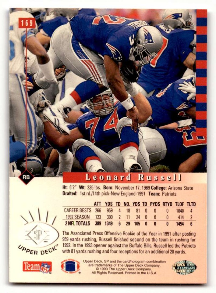 1993 SP #169 Leonard Russell New England Patriots Football Cards NM ID ...