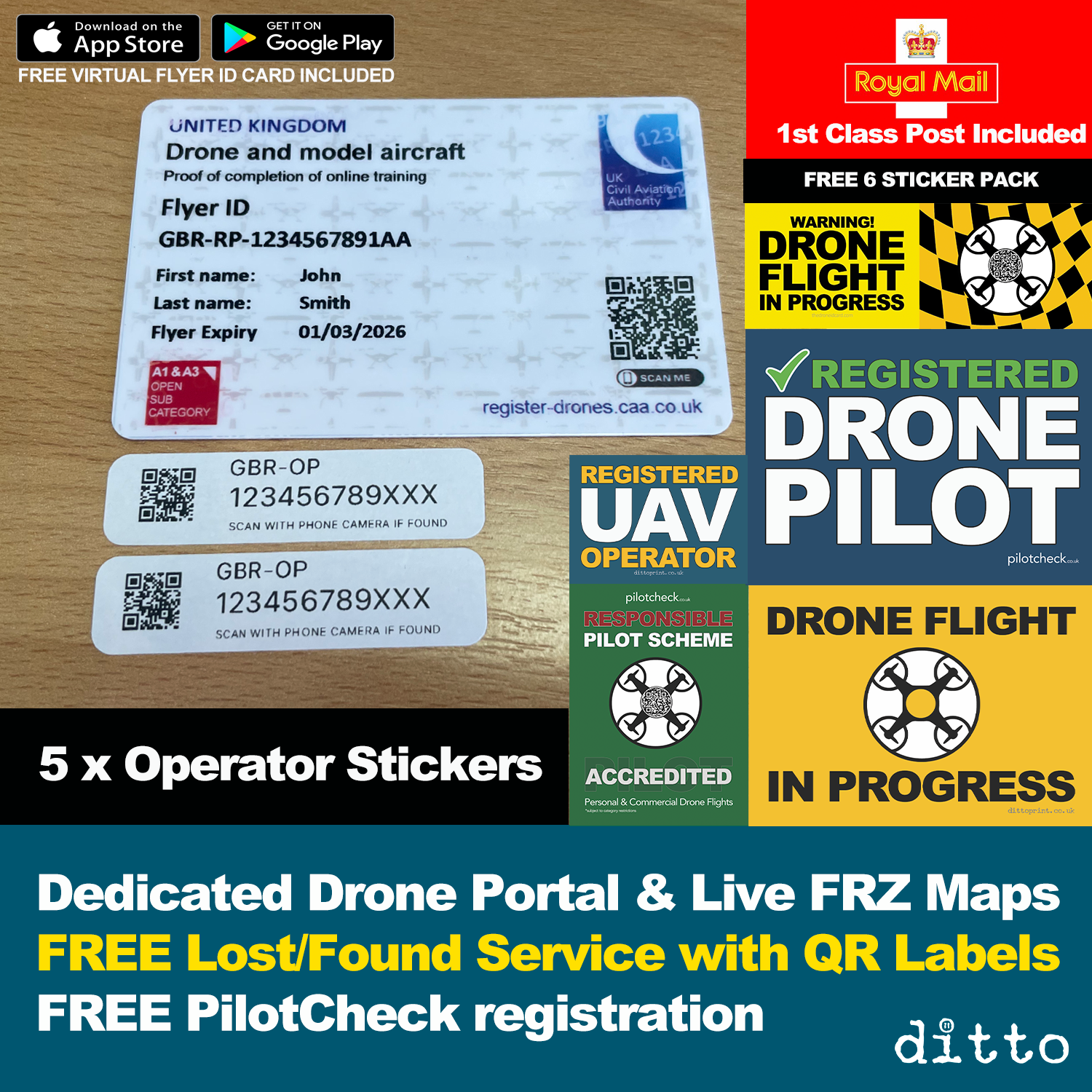 Drone Stickers & Drone Card - CAA Flyer ID Card + 5 x Drone Operator QR ...