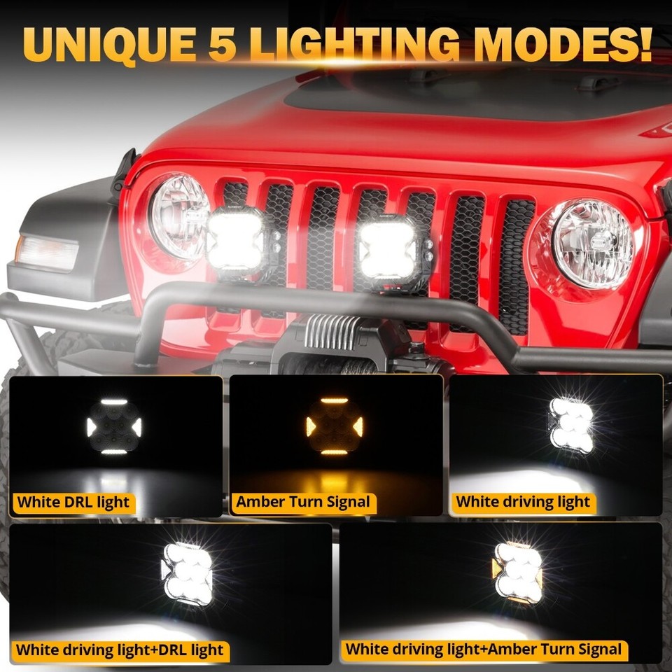 AUXBEAM 4" Square LED Work Lights Pods White Yellow Flood DRL Turn ...