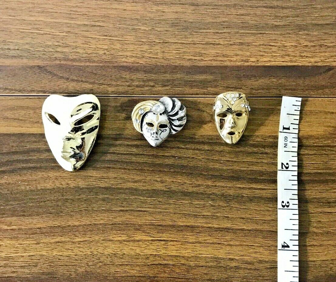 3 Vintage Comedy Tragedy Theater Face Matte Pin Brooch - Gem