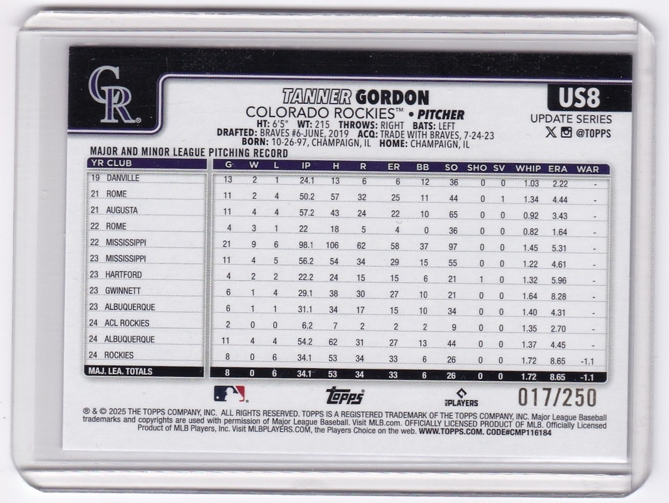 Tanner Gordon ROOKIE RC /250 PURPLE FOIL 2025 Topps Update #US8 Rockies ...