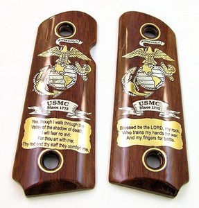 Compact 1911 custom engraved wood grips gold silver USMC marines Semper ...