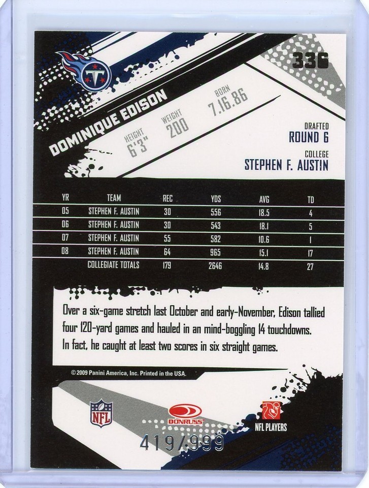 2009 SCORE INSCRIPTIONS RC ROOKIE DOMINIQUE EDISON #336 TITANS /999 SP ...