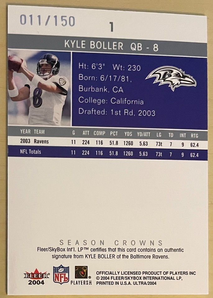 2004 Ultra Football Season Crowns Autographs Ravens #1 Kyle Boller AUTO ...