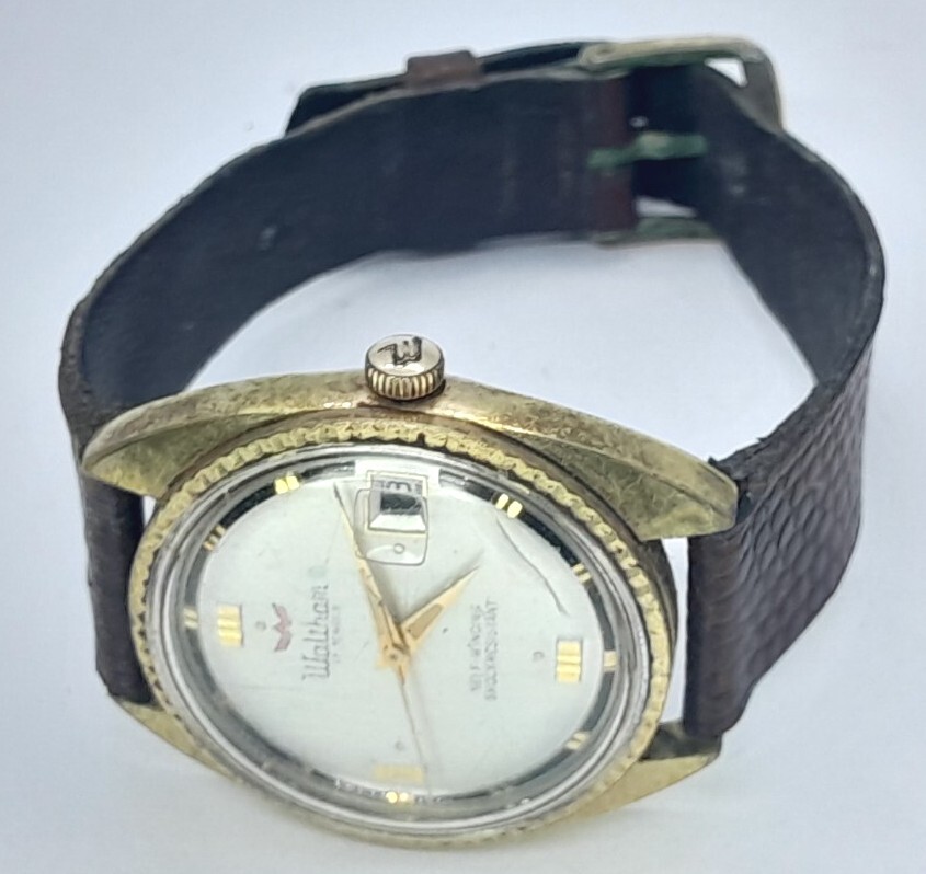 Men Vintage Waltham Automatic Watch Shock Resis Gold Case Brown Leather ...