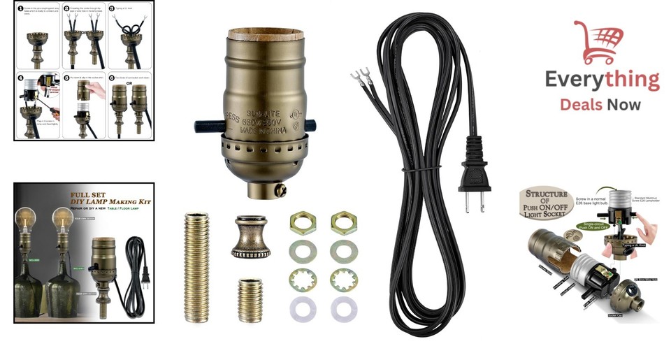 Antique Brass Lamp Rewire Kit with Socket & Cord - DIY DIY Lamp Wiring ...