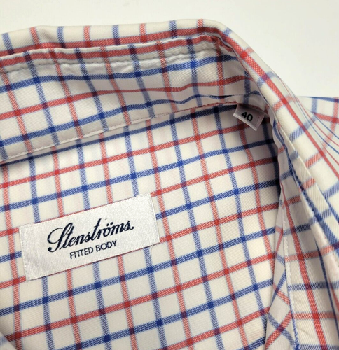 STENSTROMS Button Casual Sport Shirt 40 MEDIUM White Blue Red CHECK ...