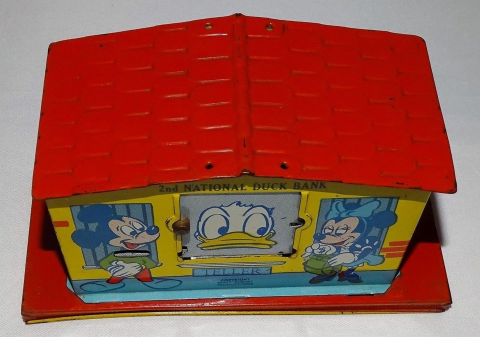 EX! DISNEY 1950's "2nd NATIONAL DONALD DUCK MECHANICAL TIN BANK"-RED ...