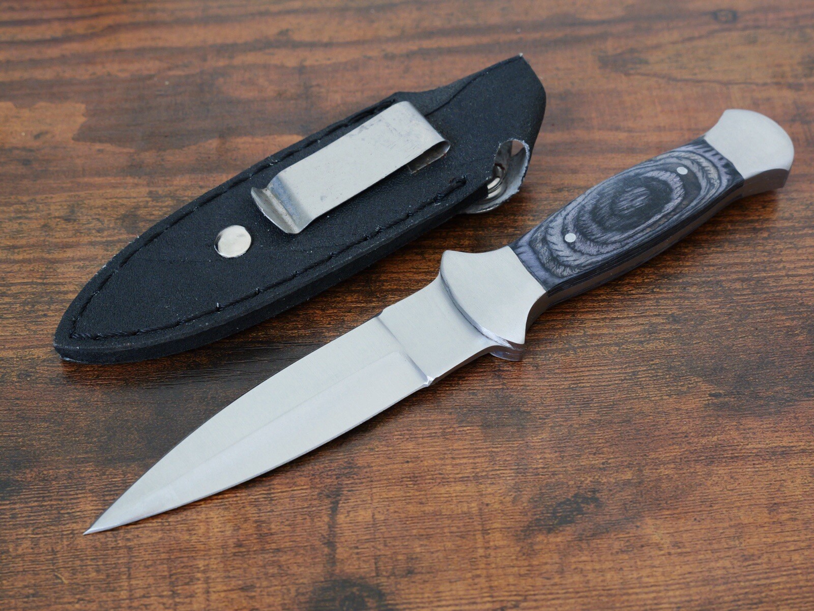 7” Mini Boot Knife Boot Clip Spear Point Double Edge Full Tang Wood ...