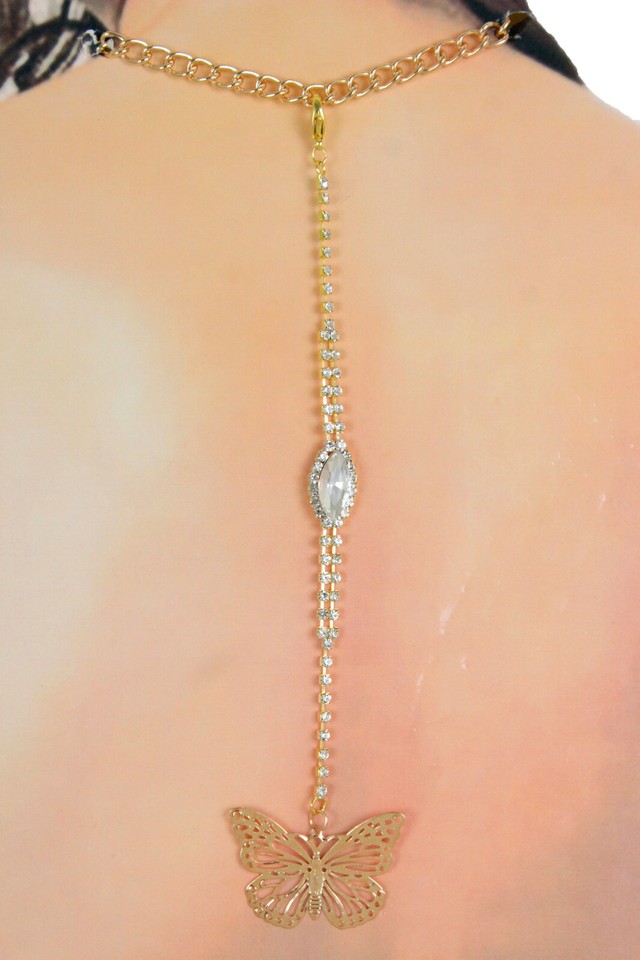 Women Fashion Open Back Hook On Necklace Jewelry Gold Metal Butterfly ...