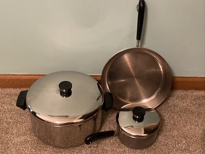 Vintage Lot of 3 Revere Ware Pans w/ Lids 6 Qt Stockpot, 10” Skillet, 1 ...