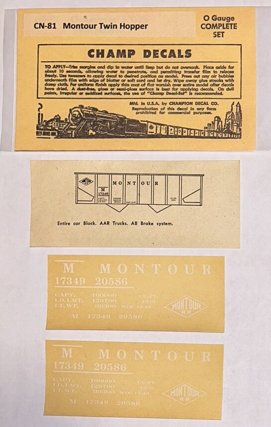 CHAMP O SCALE DECAL-MONTOUR TWIN HOPPER CAR - BLACK w/WHITE LETTERING # ...