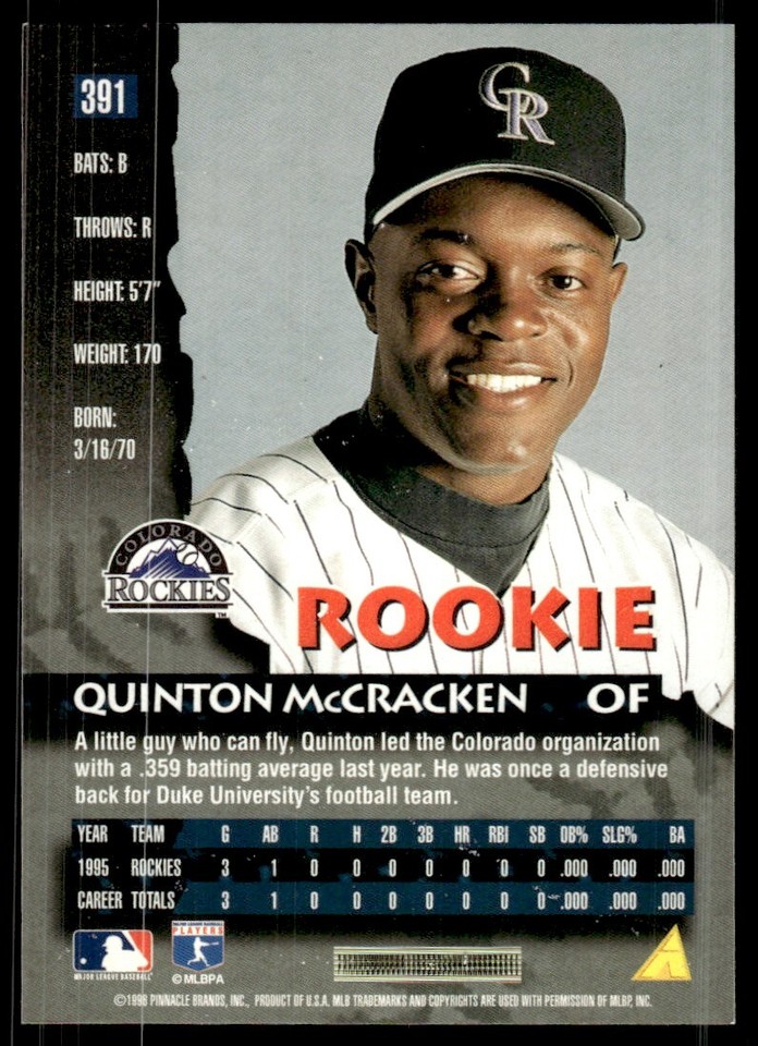 1996 Pinnacle Baseball Card Quinton McCracken Colorado Rockies #391 | eBay