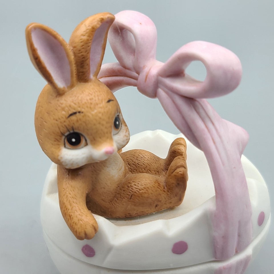 Lefton Easter Figurine Bunny and Egg Bisque Trinket Box Taiwan Pink Bow Spring | eBay