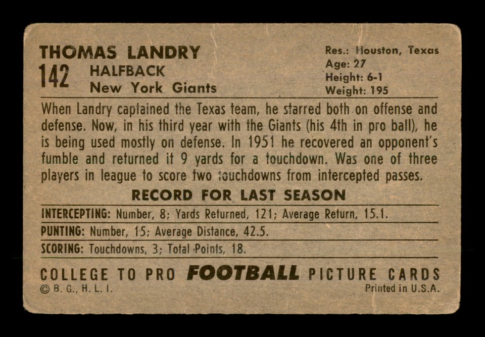1952 Bowman Large #142 Thomas Landry (creasing) | eBay