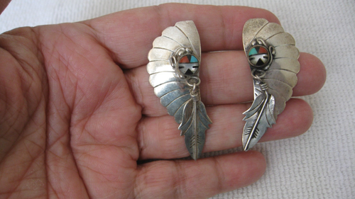 Vintage ZUNI Sterling Silver Large FEATHER Post Earrings 2" | eBay