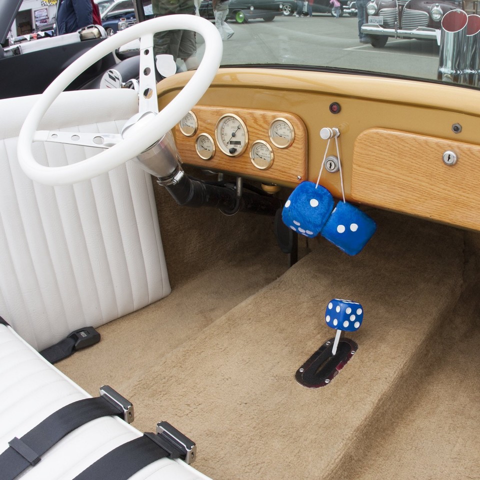 Blue Plush Fuzzy Mirror Dice w/ White Dots Vintage Car Hot Rat Street ...