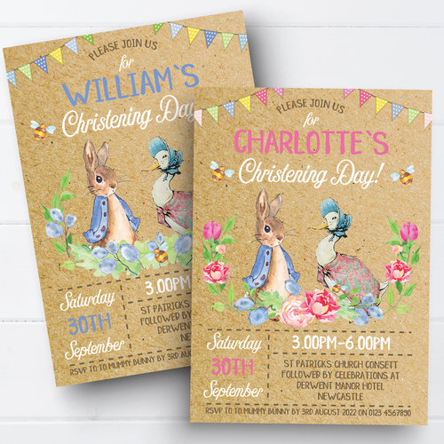 Personalised Peter Rabbit Christening Invitations Floral Baptism ...