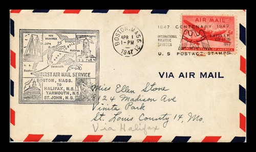 US COVER FIRST FLIGHT AIR MAIL BOSTON MASSACHUSETTS TO HALIFAX CANADA ...