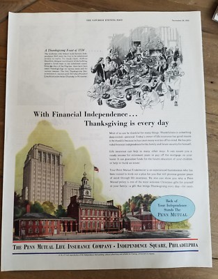 1952 Penn Mutual Life Insurance Co Thanksgiving feast of 1734 ad | eBay